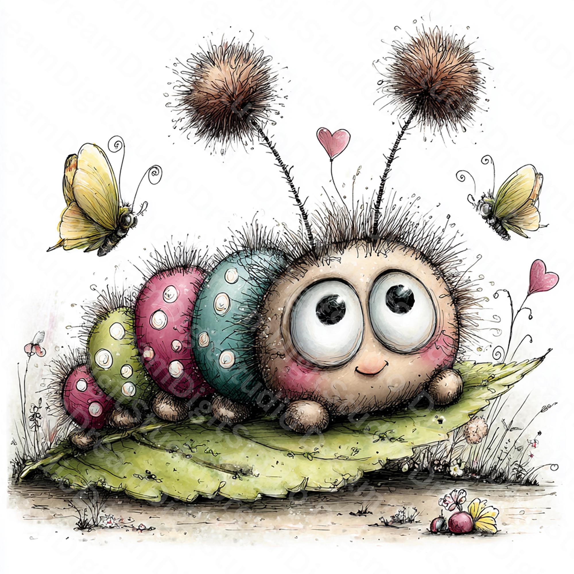 Whimsical Spring Caterpillar Clipart – Cute Quirky Bug Art With Flowers ...