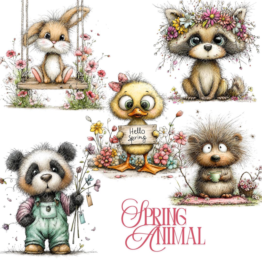 Spring Animals Clipart Whimsical Creatures Cute Floral Woodland Animals ...