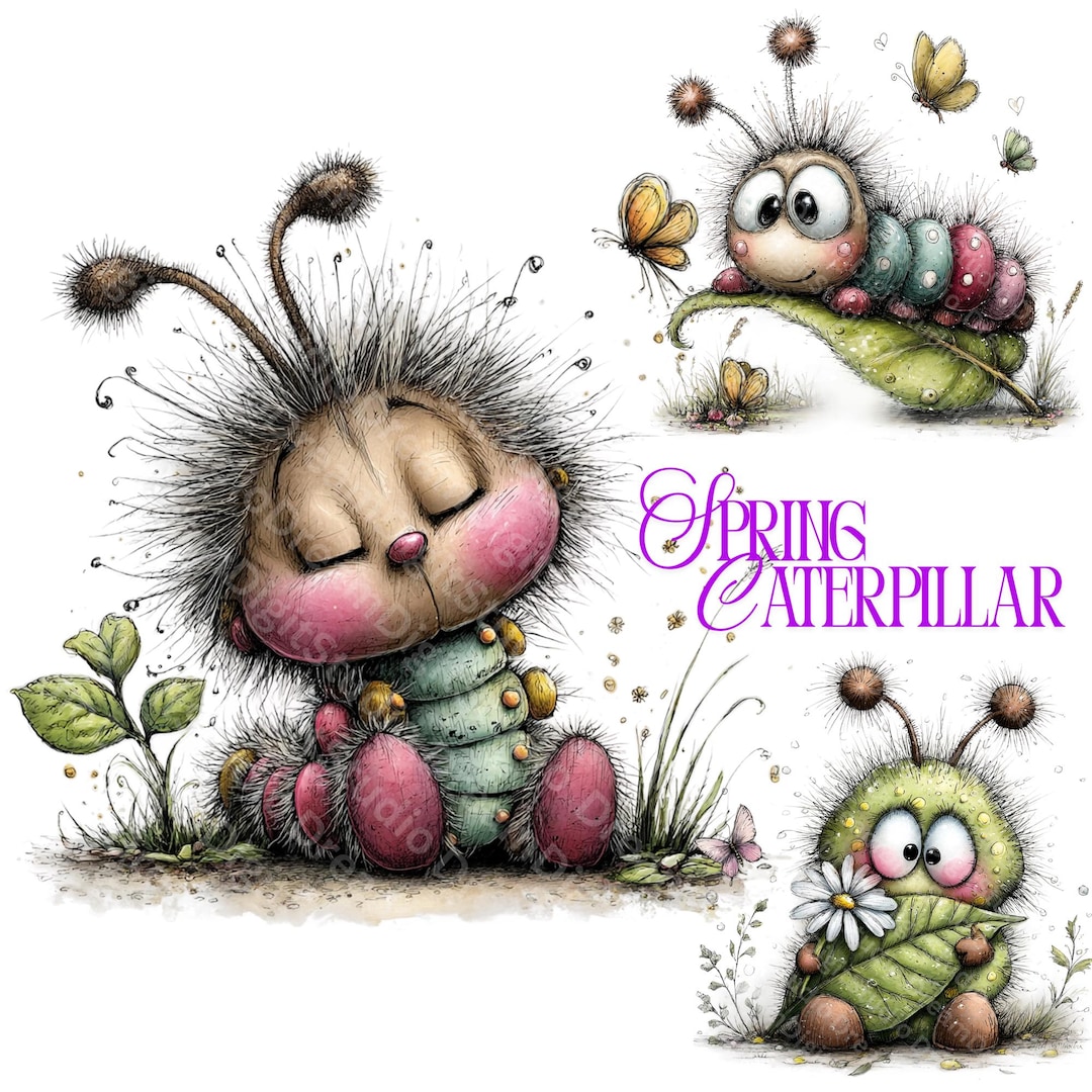 Whimsical Spring Caterpillar Clipart – Cute Quirky Bug Art With Flowers ...