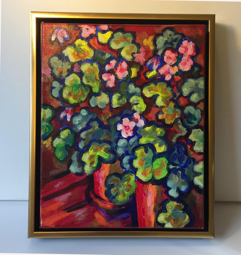 Red Geranium Oil Painting Original, Flower, Blue, Fine Art, Impression ...