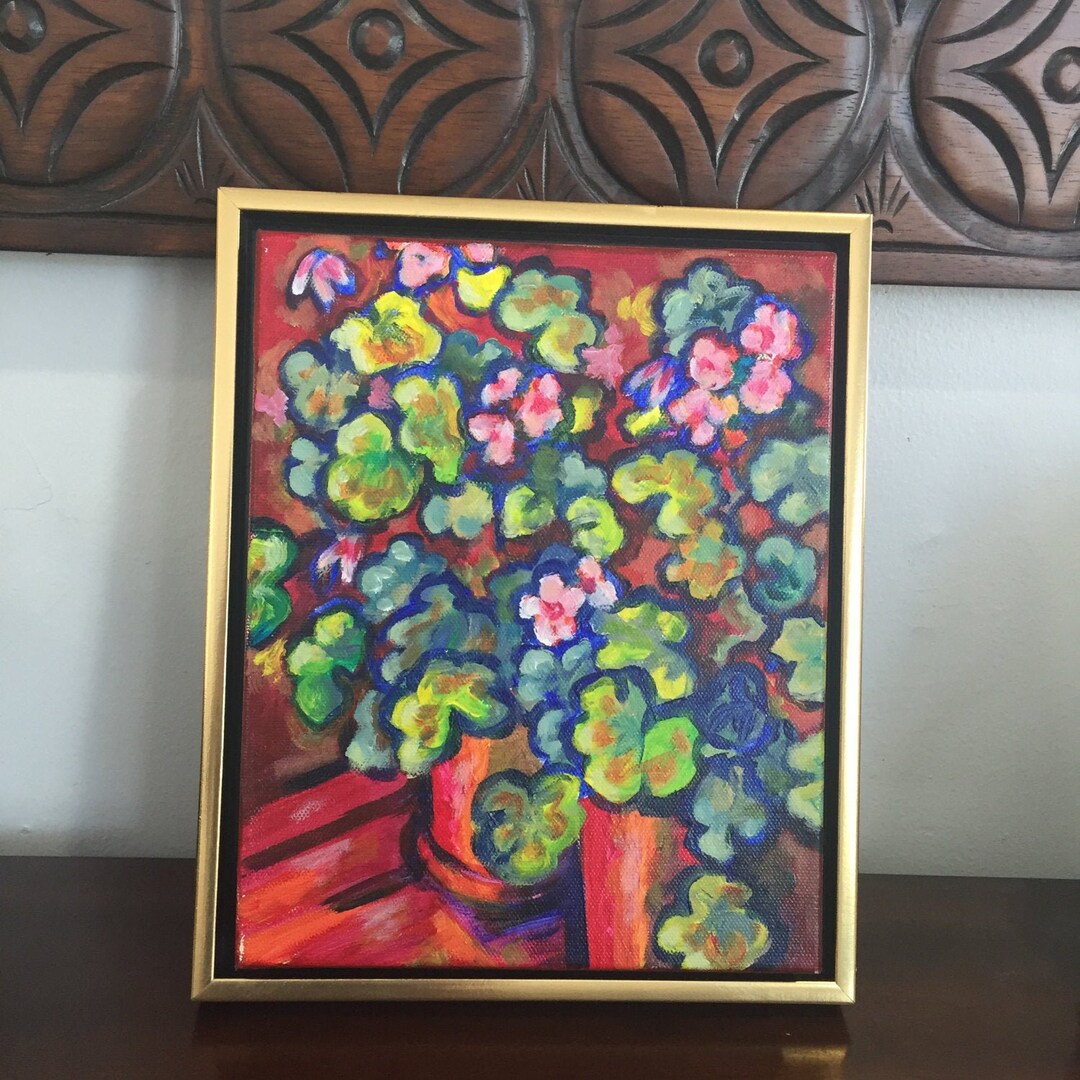Red Geranium Oil Painting Original, Flower, Blue, Fine Art, Impression ...
