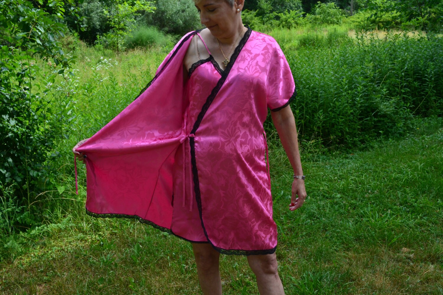 Pink Satin Chemise & Robe W/ Black Lace. Short Peignoir Set. - Etsy