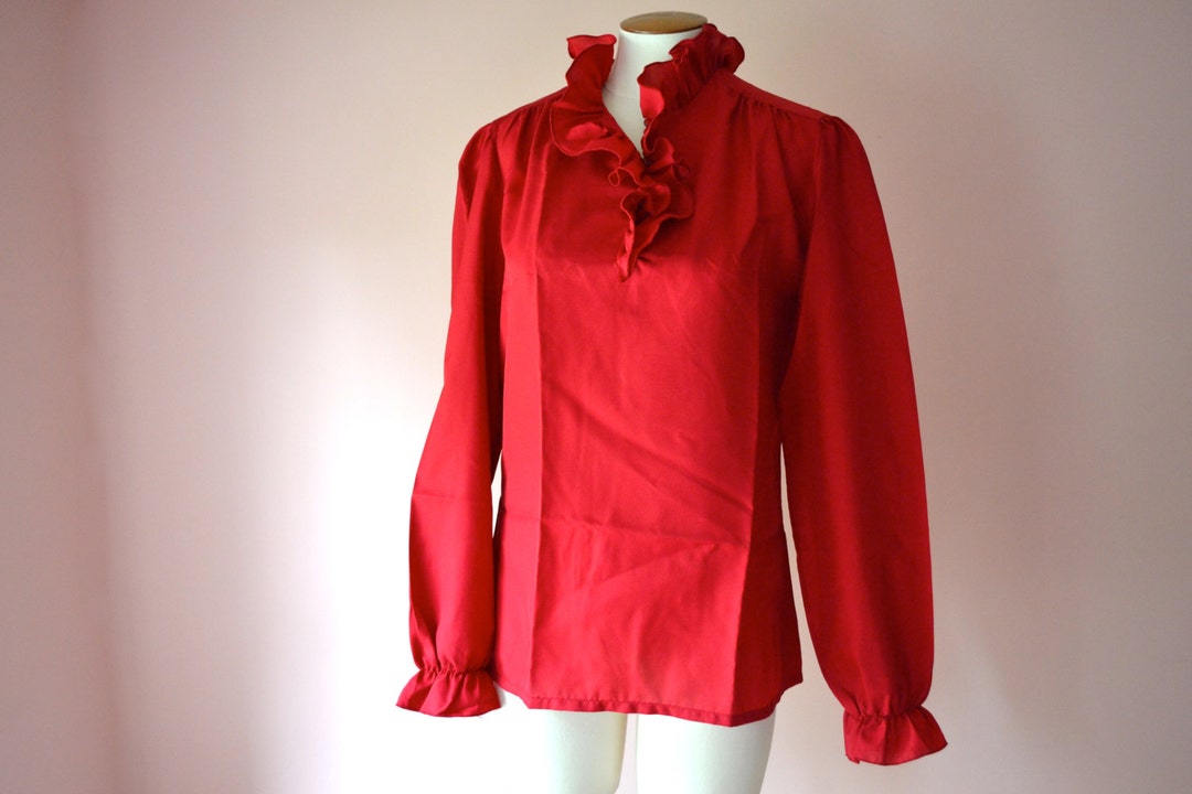 Cranberry Red Ruffly Blouse. Sexy Secretary. Modern Size 12 Large VTB5 ...
