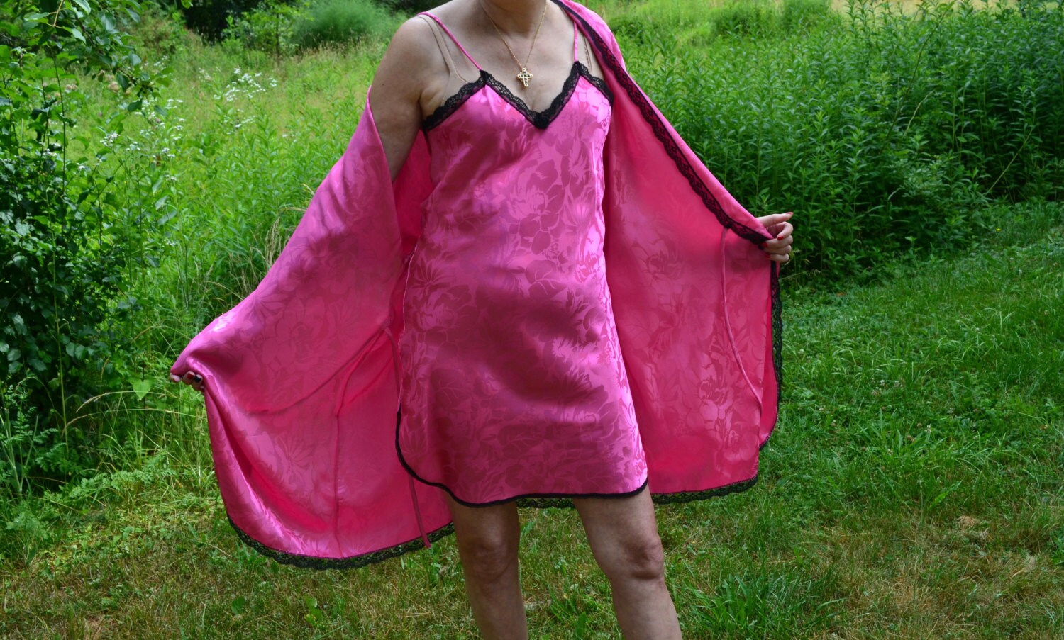 Pink Satin Chemise & Robe W/ Black Lace. Short Peignoir Set. - Etsy
