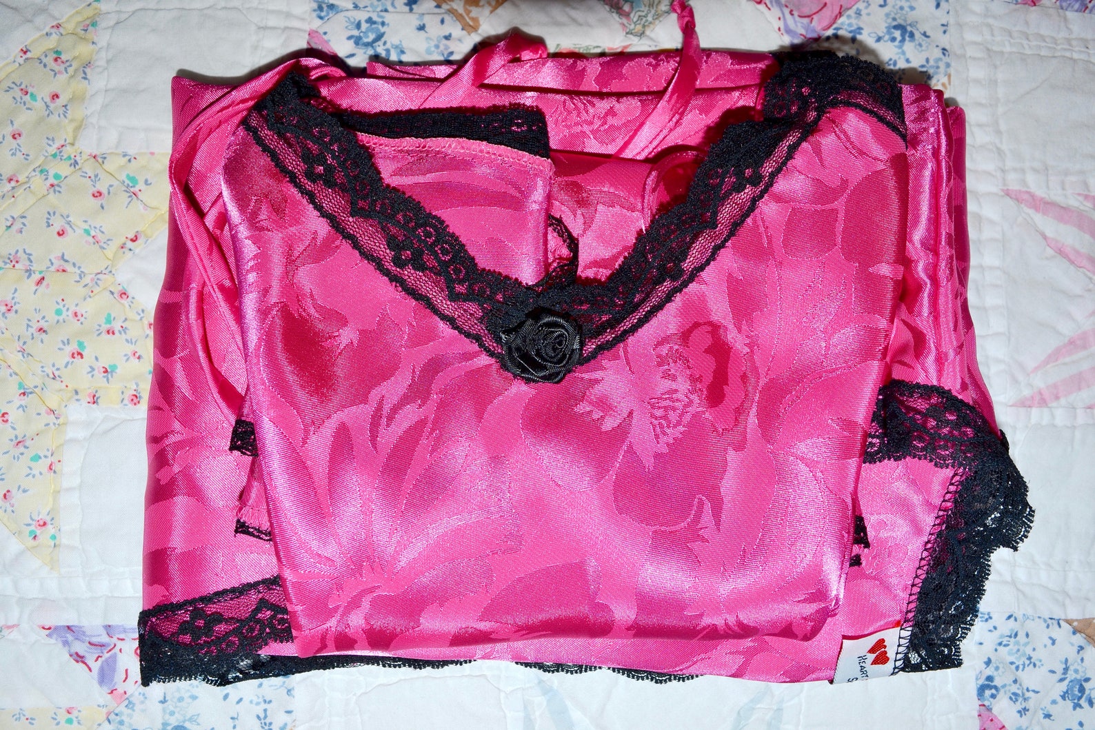 Pink Satin Chemise & Robe W/ Black Lace. Short Peignoir Set. - Etsy