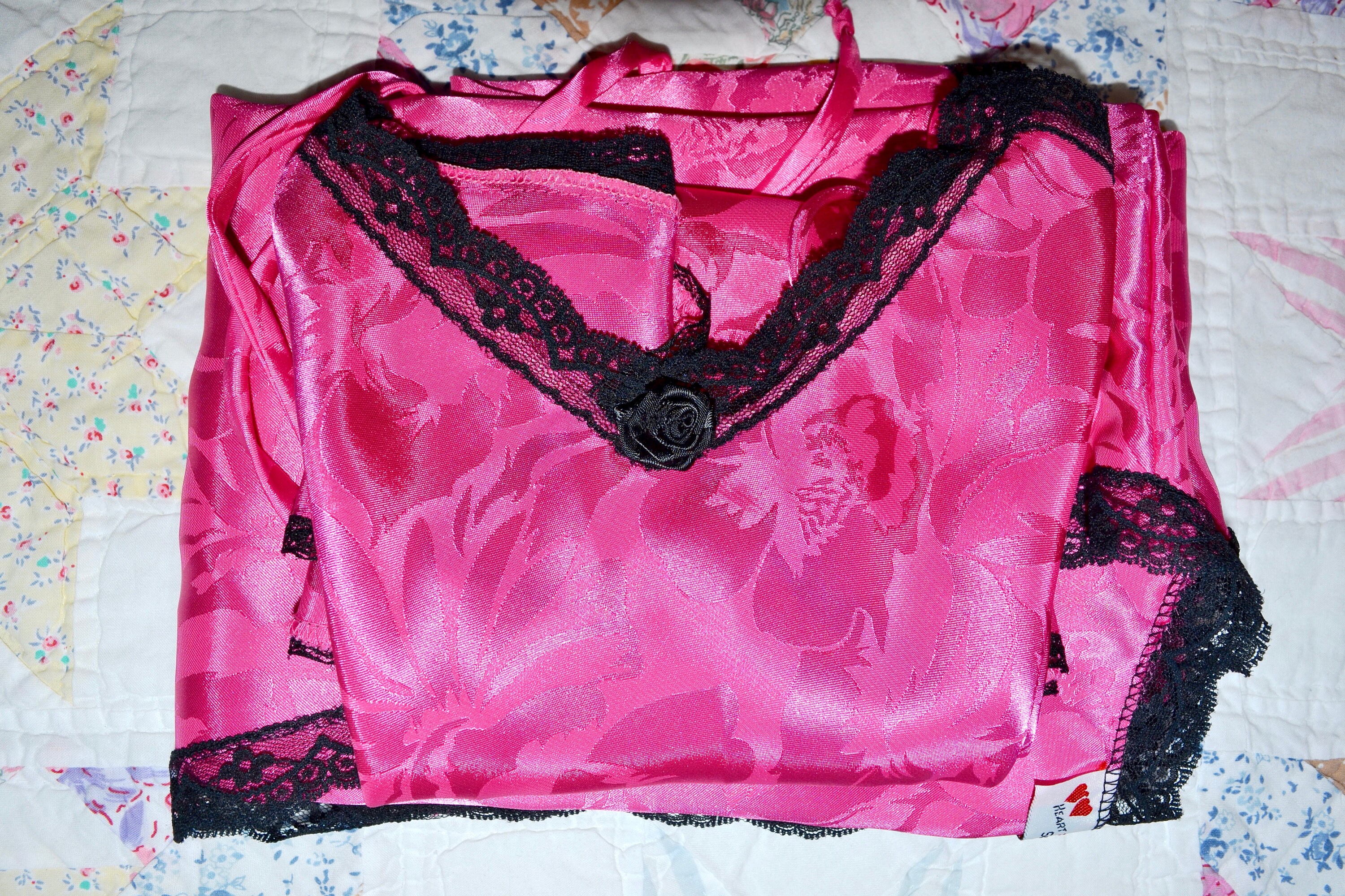 Pink Satin Chemise & Robe W/ Black Lace. Short Peignoir Set. - Etsy