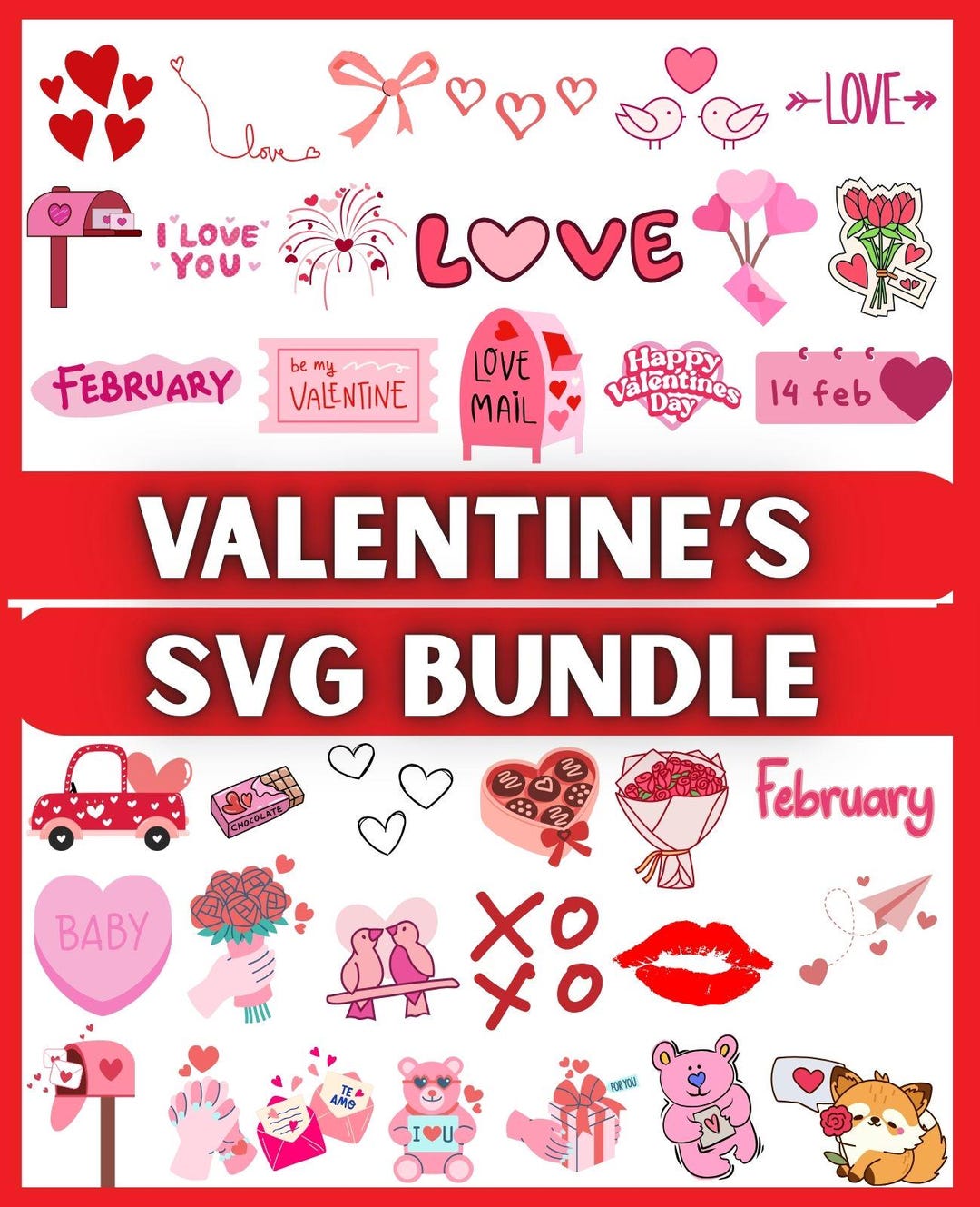 Valentine SVG Bundle, Cute Gnome SVG, Retro Love Heart, Red Truck ...