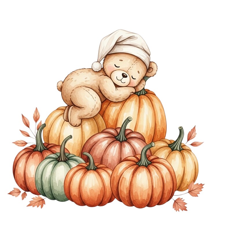 40 Watercolor Fall Teddy Bear Clipart Bundle, Autumn Baby Bear& Pumpkin ...