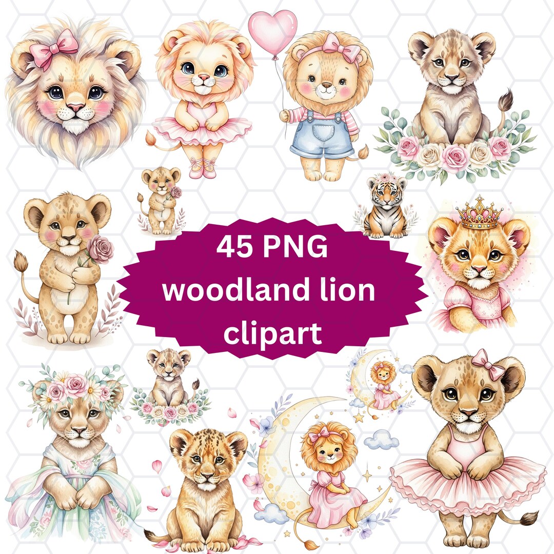 45 Watercolor Lion Clipart Bundle, Cute Baby Lion PNG, Safari Jungle ...