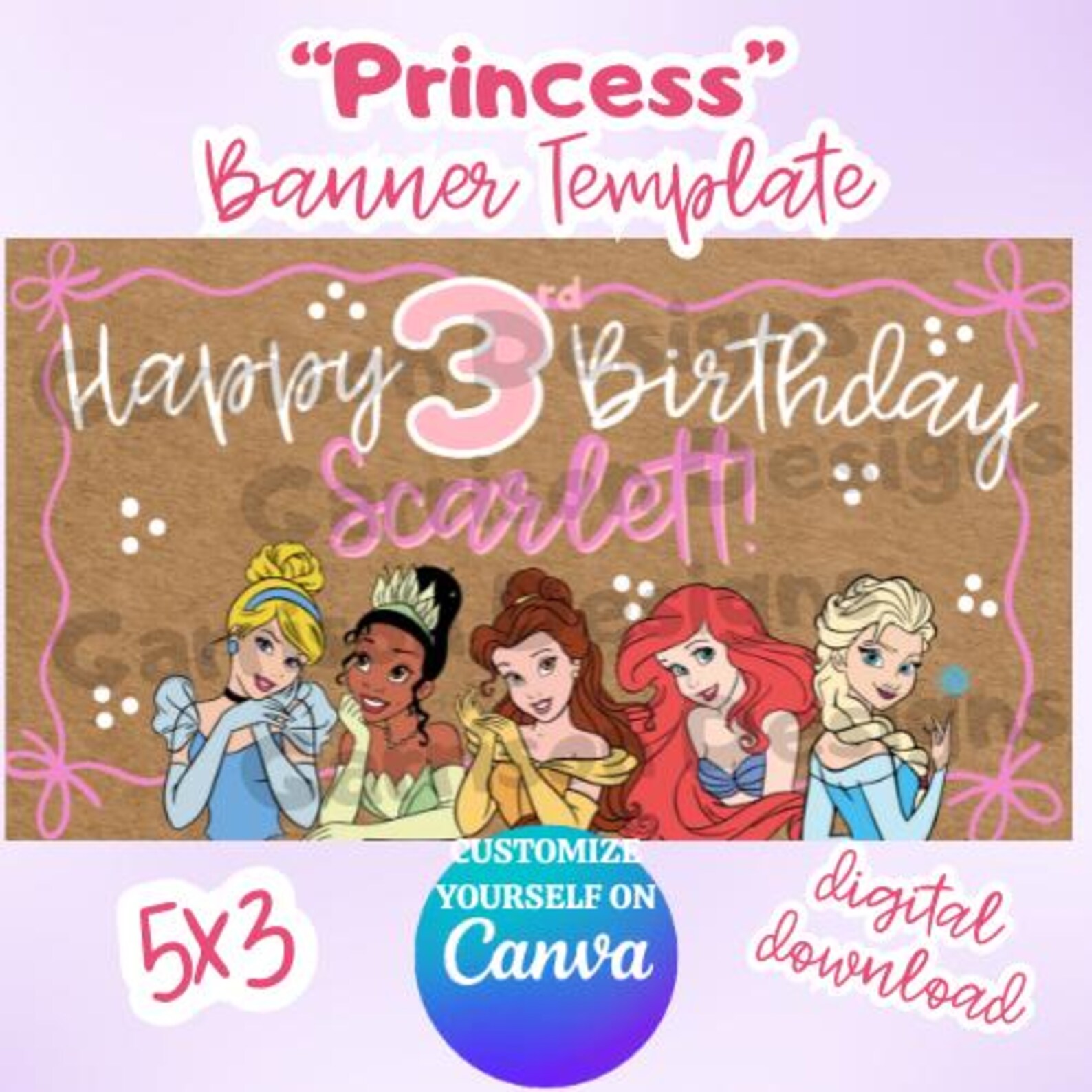 Princess Birthday Banner Template - Digital Editable Canva Download - Etsy