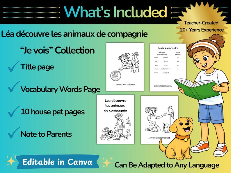 French Pets Printable | Reading & Colouring Book | Editable Canva File ...
