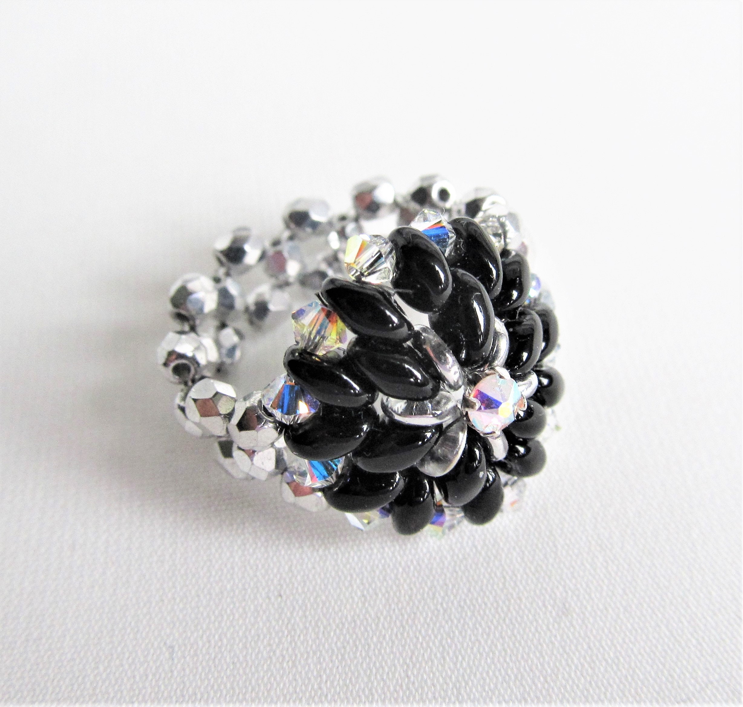 Black and Silver Beaded Stretch Ring | Etsy
