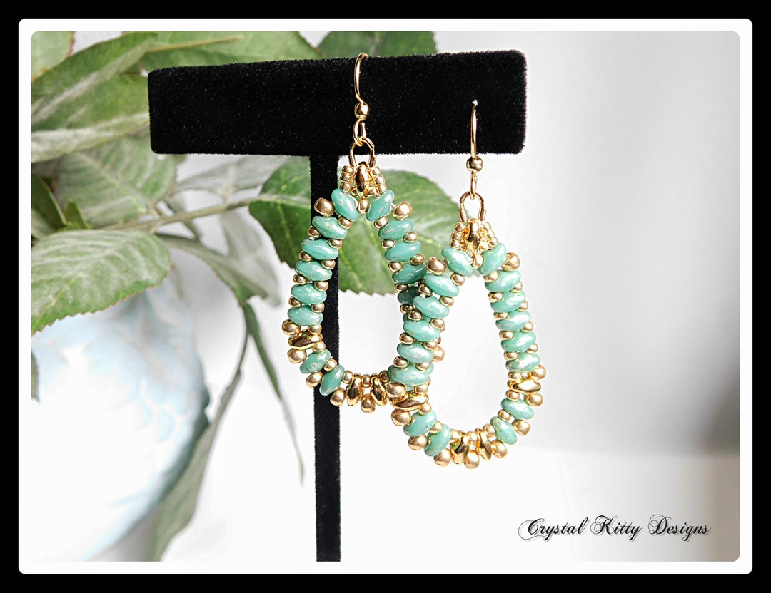 Green and Gold Teardrop Beaded Earrings | 24k Gold Plated Superduo ...