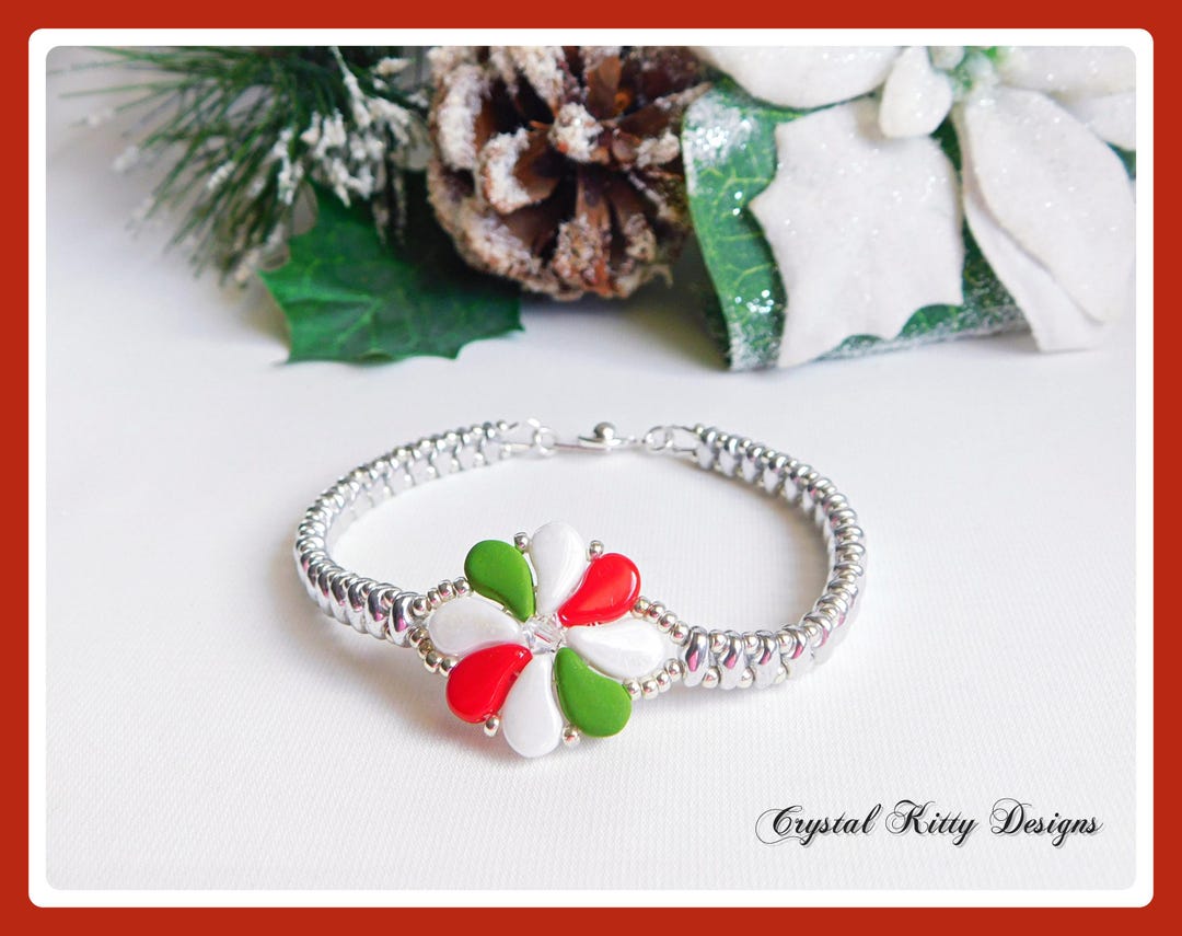 Christmas Pinwheel Woven Bracelet Red, Green and White Sleek Superduo ...