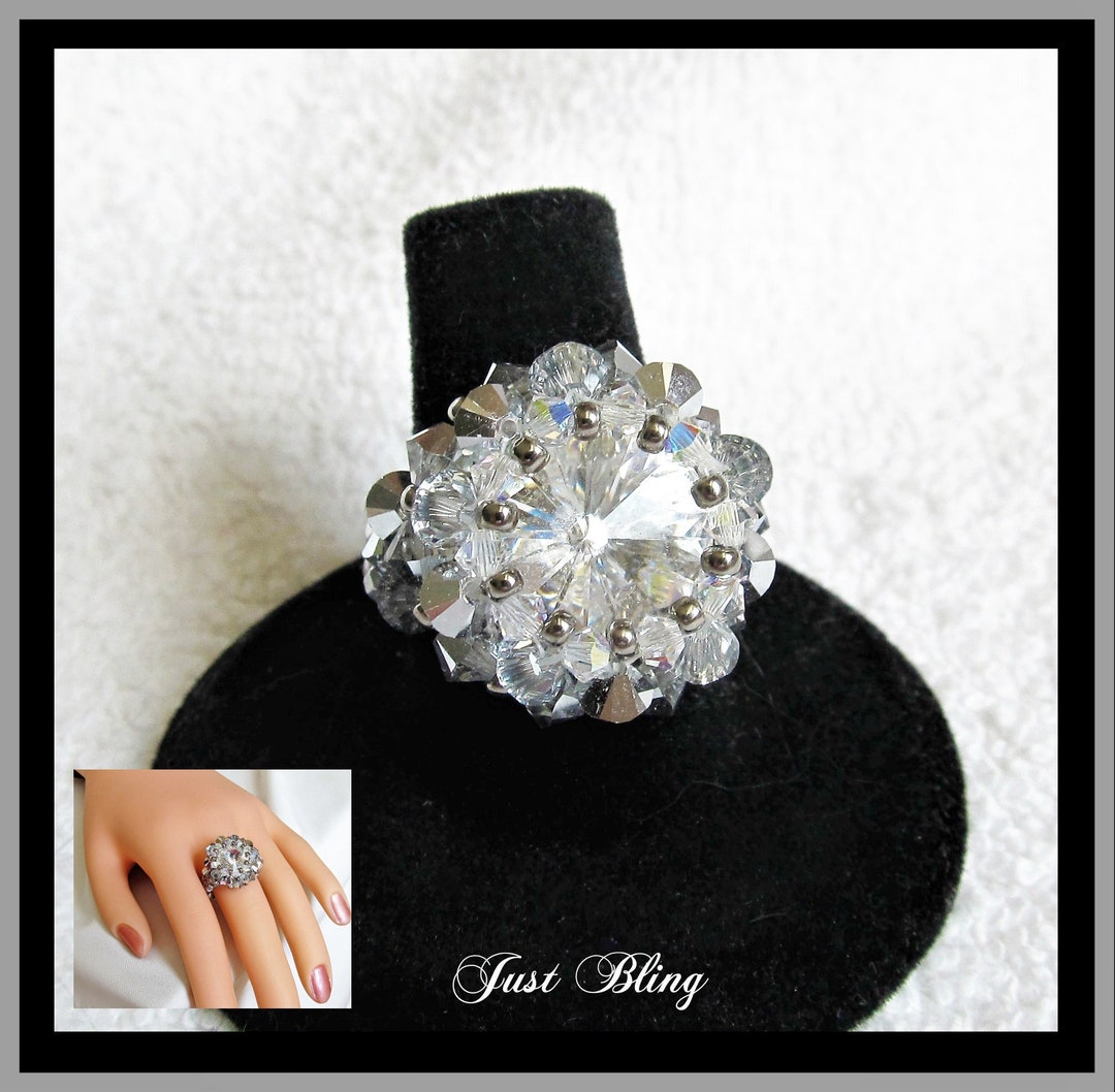 Crystal Cocktail Ring Stretch Silver Statement Ring - Etsy
