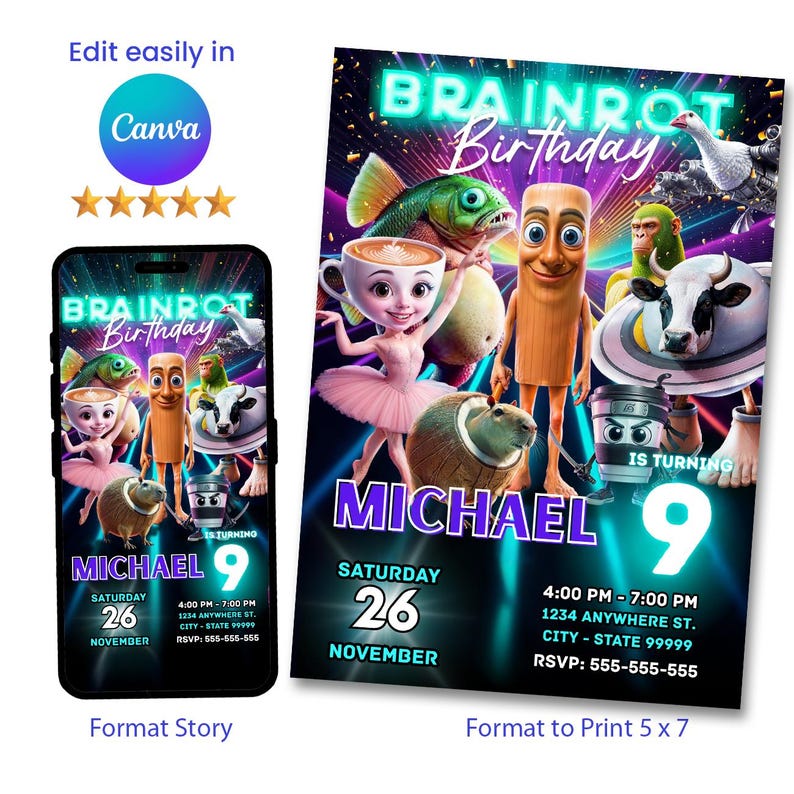 Brainrot Birthday Invitation Funny Meme Party Invite Chill Guy Capybara ...