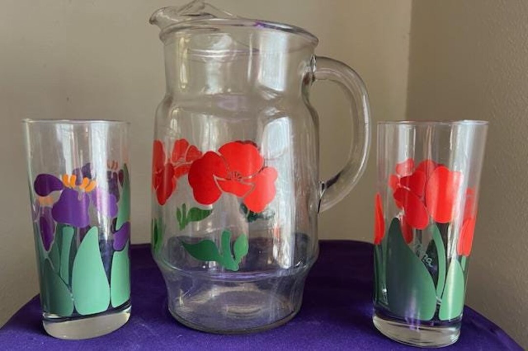 Pitcher & 2 Glasses, Anchor Hocking, With Poppies (vintage) -- 9782-4D ...