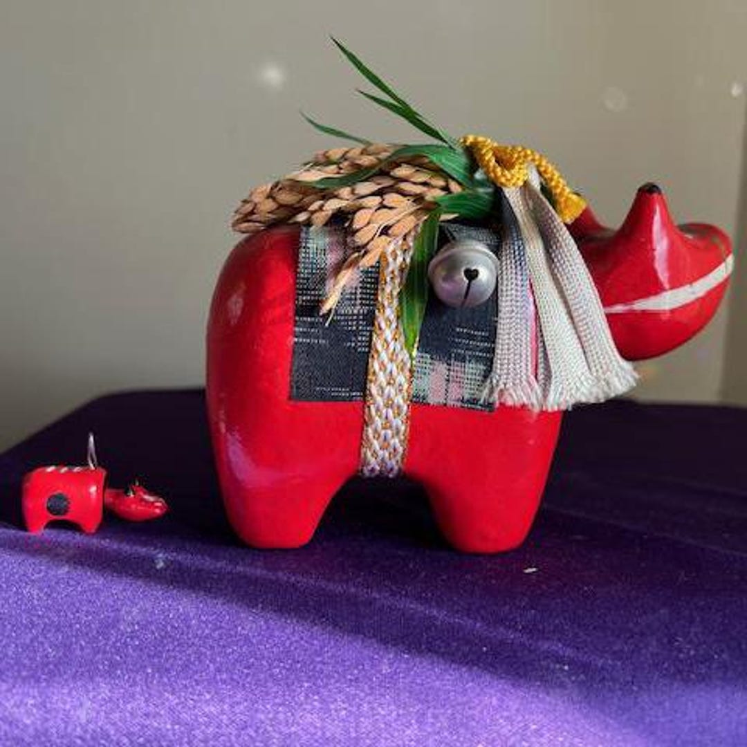 Akabeko (red Cow)--paper Mache' Bobble Head & Tiny Plastic Bobble Head Charm/ornament -- 9891-1A ...