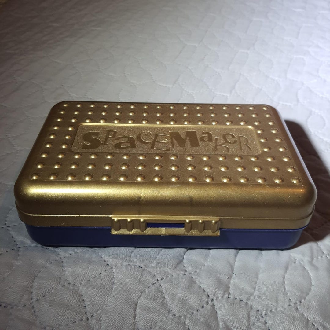 Vintage Spacemaker Pencil Case Holder Organizer Box Gold Blue Plastic ...