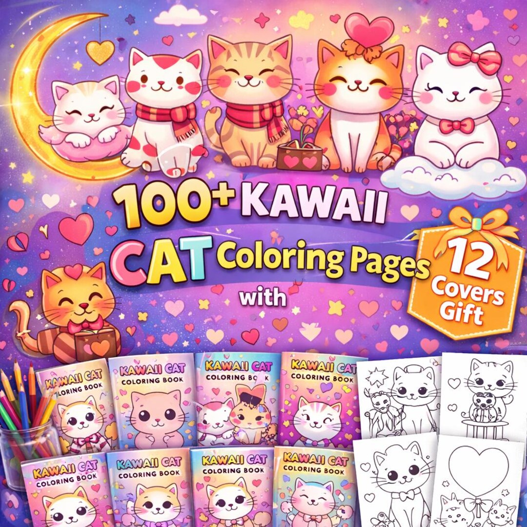 100+ Kawaii Cat Coloring Pages, Cute Cozy Cat Coloring Book for Kids ...
