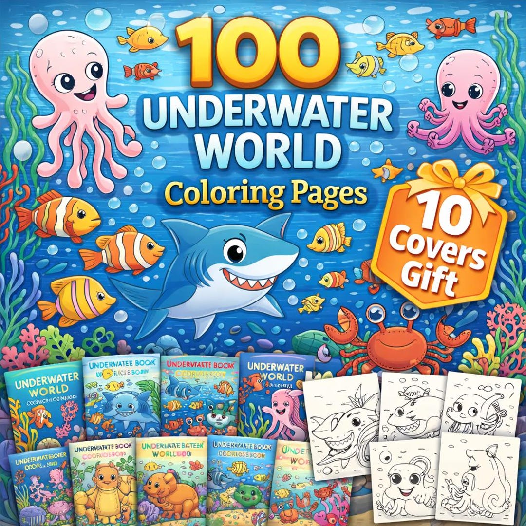 100 Underwater World Coloring Pages for Kids, Ocean Animals Fun Book ...