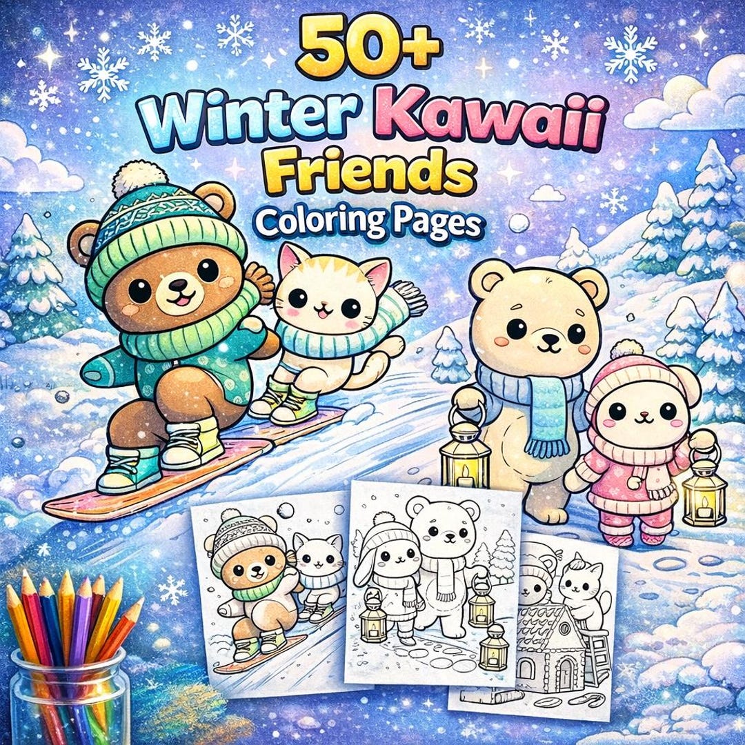 50+ Winter Kawaii Friends Coloring Pages, Cute Cozy Animals, Relaxing ...