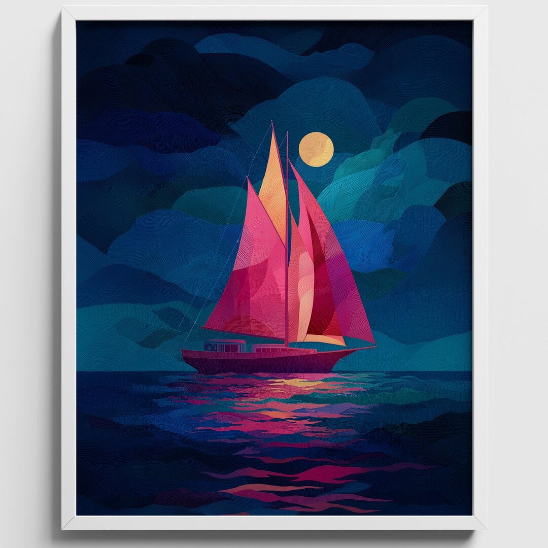 Moody Night Sailboat Printable - Bold Nautical Wall Art, Magenta & Pink ...