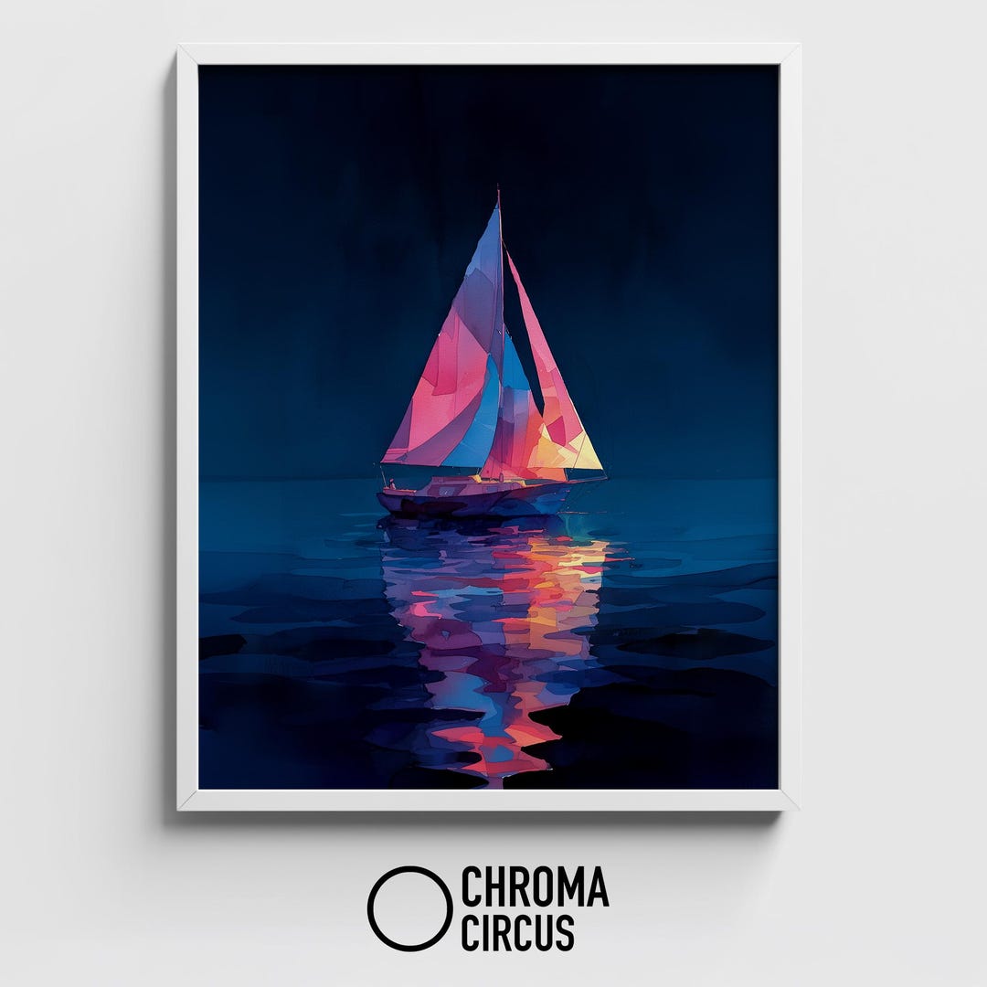 Moody Night Sailboat Print - Bold Watercolor & Ink, Minimalist Nautical ...