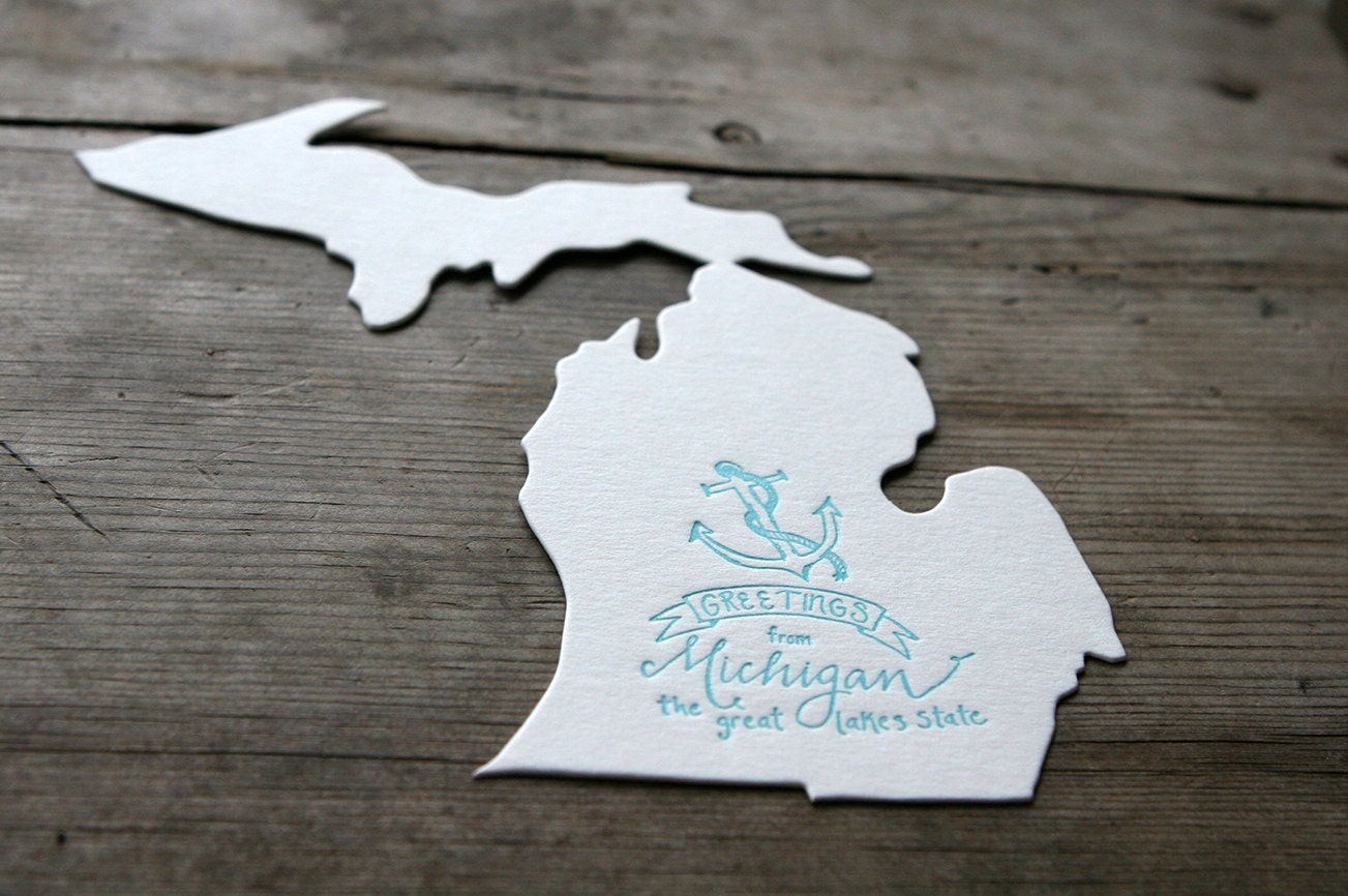 Michigan-shaped, Greetings From Michigan Letterpress Card - Etsy Singapore