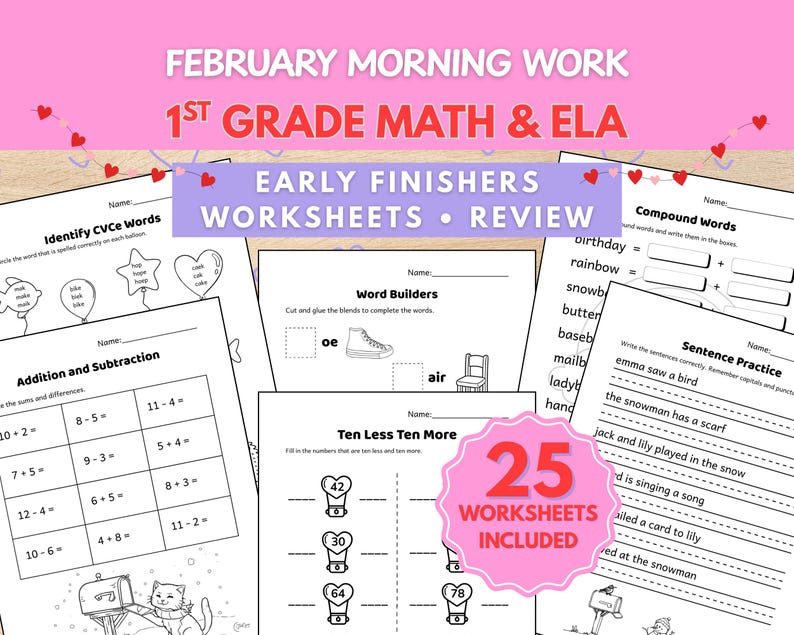 1st Grade February Math & ELA Worksheets | Morning Work | Early ...