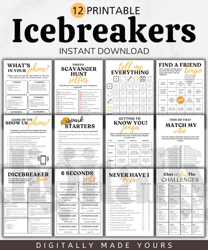 12 Icebreaker Games Printable Conversation Starters, Icebreaker Bingo ...
