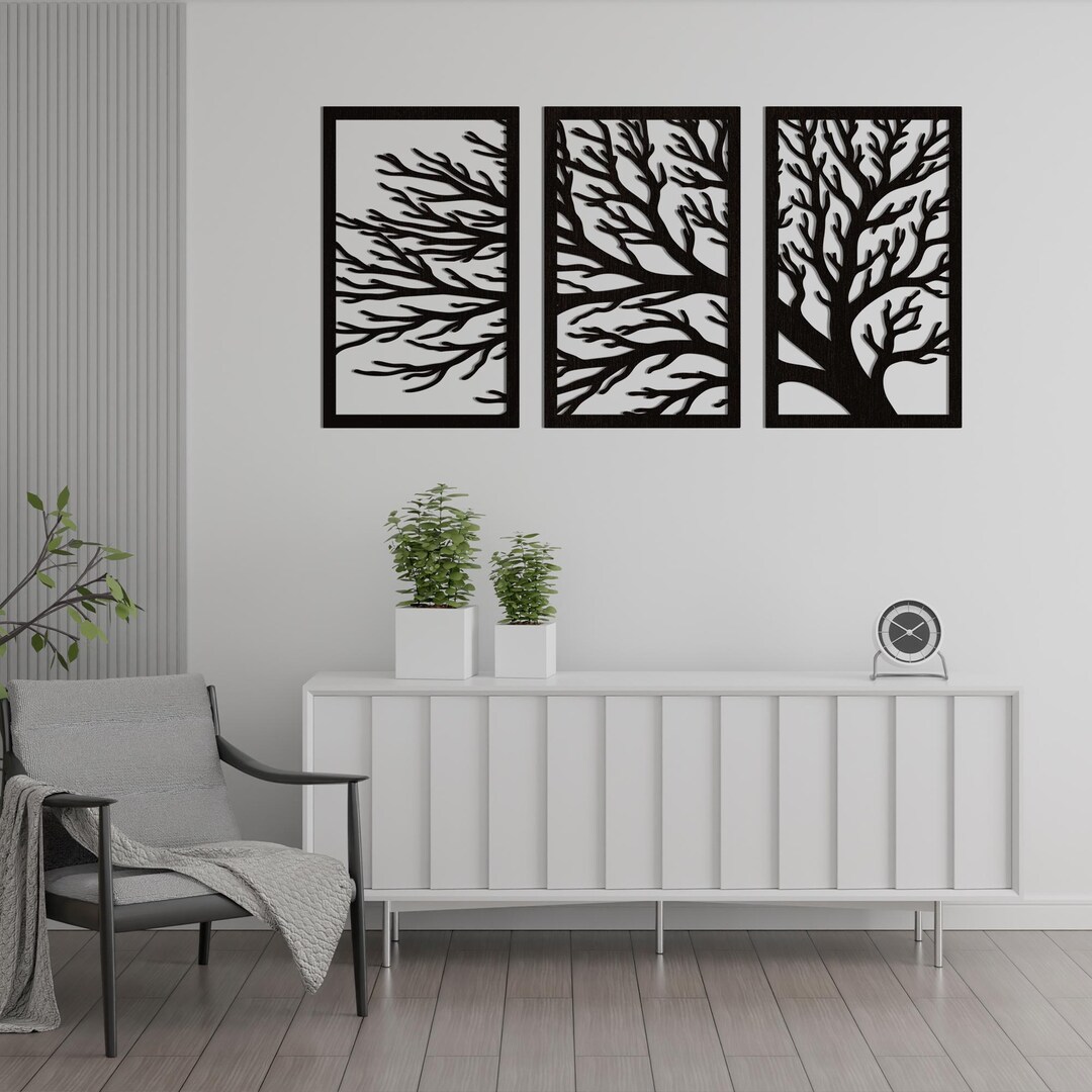 Tree Panel Wood, Tree Panel Art, Wooden Tree Wall Decoration, 3 Panel ...