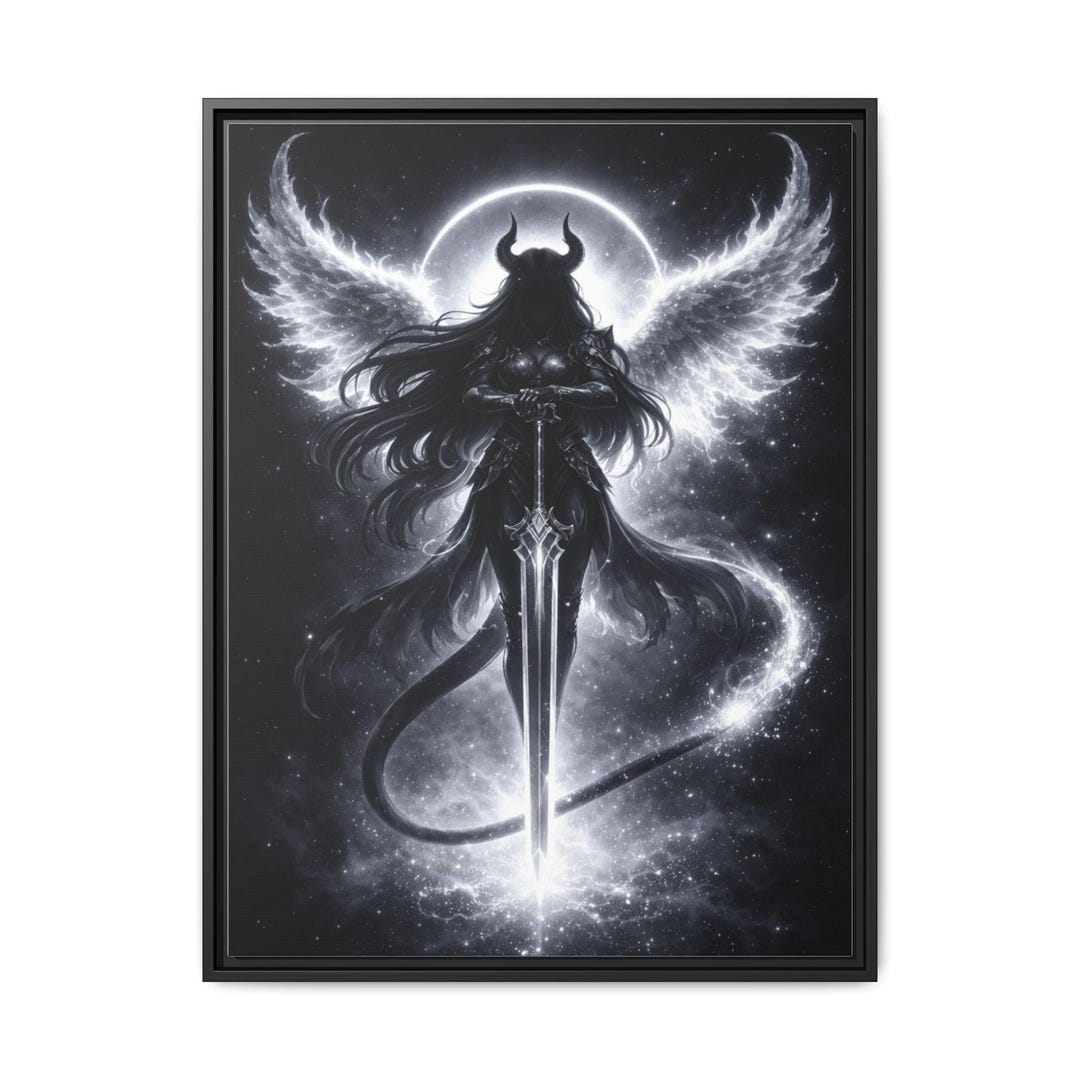 Dark Celestial Demon Warrior Canvas Wall Art, Dark Fantasy Silver ...