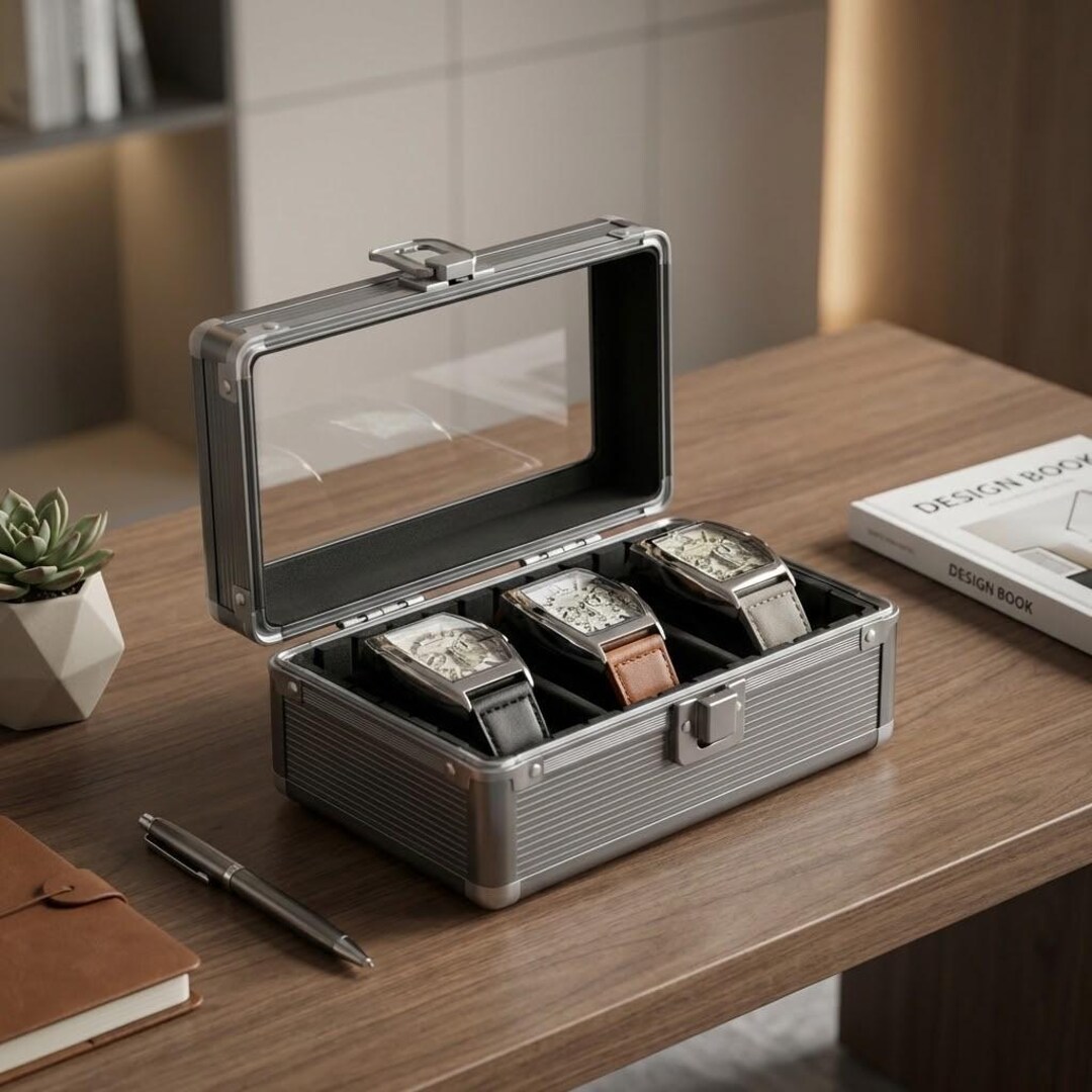 Aluminum Alloy Watch Box With Glass Lid – 3 Slot Luxury Watch Display ...