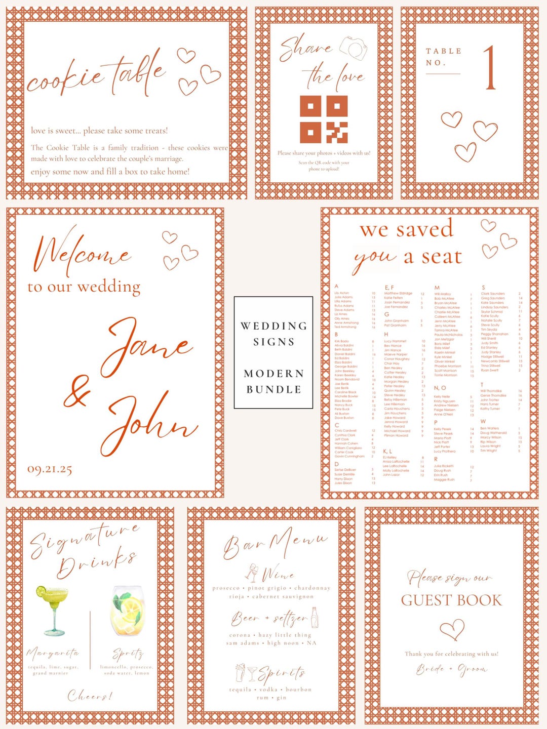 Modern Rattan Wedding Signage Bundle | Canva Templates (digital ...