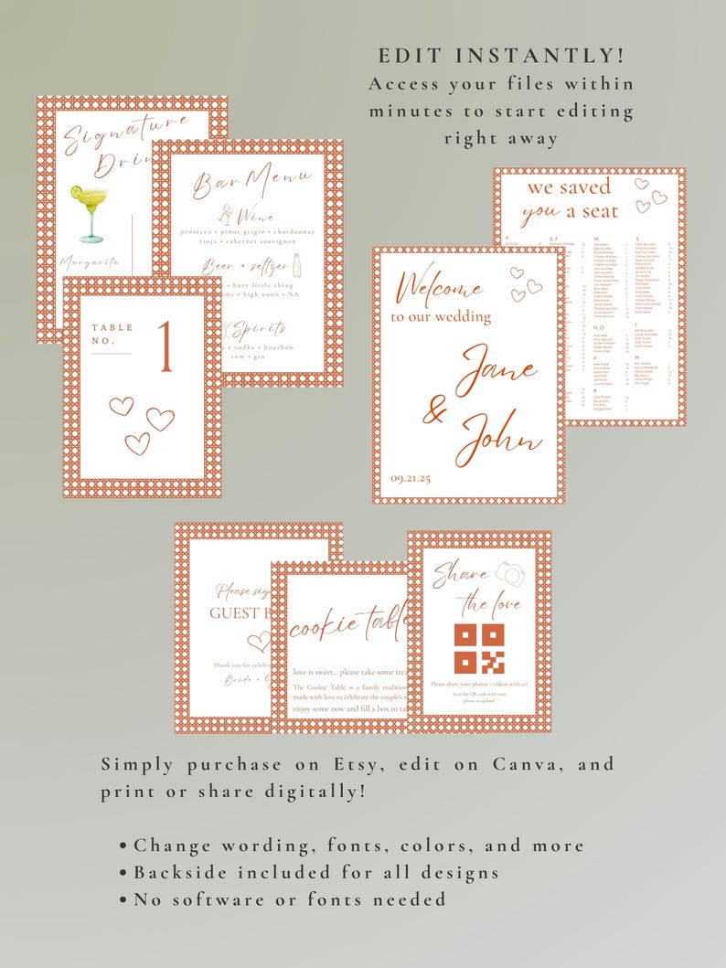 Editable Wedding Day of Signage Bundle | Modern Rattan Canva Templates ...