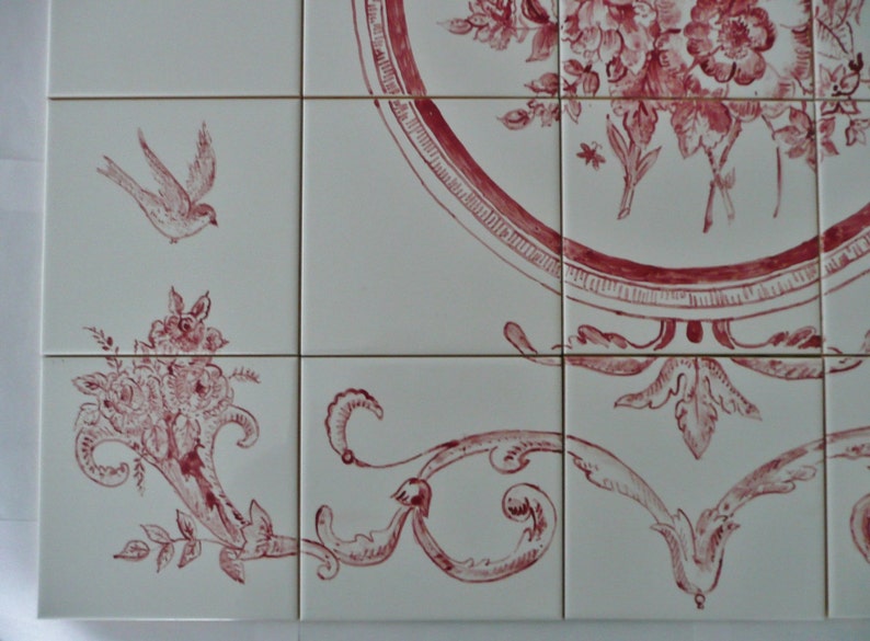 French Country Floral Handpainted Tile Mural - 30" X 30" Red and White ...