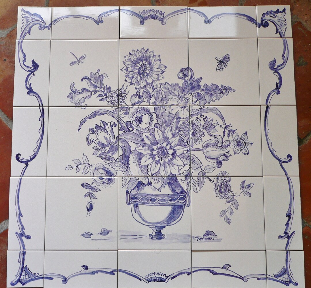 Floral Handpainted Tile Mural - 24" X 24" Blue and White - Etsy