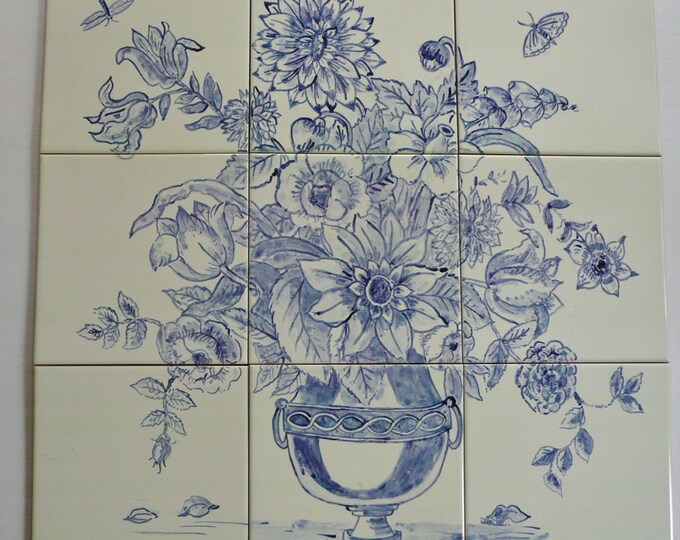 Floral Handpainted Tile Mural - 18" X 18" Blue and White - Etsy