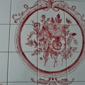 French Country Floral Handpainted Tile Mural - 30" X 30" Red and White ...