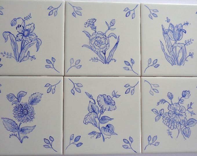 French Country Handpainted Ceramic Flower Tiles 6 X 6 in Blue on White ...