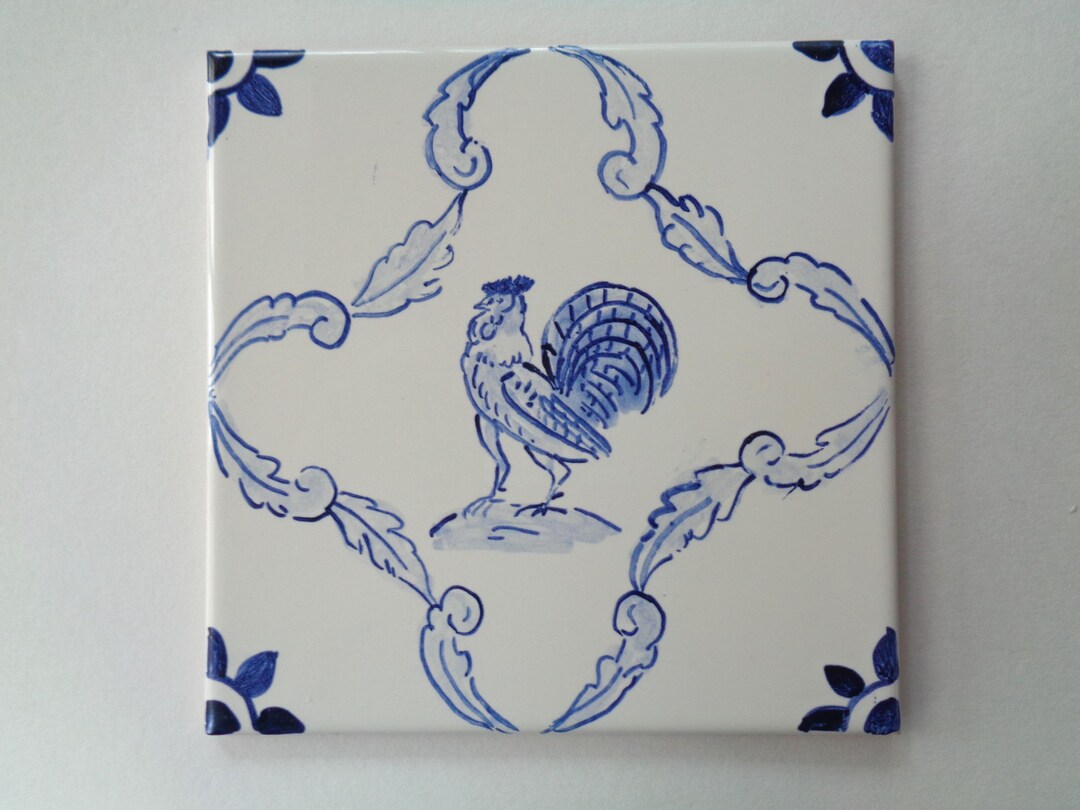Chicken Rooster Handpainted Tile - 6x6 - Blue and Off-white - Etsy