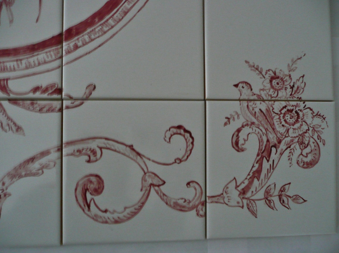 French Country Floral Handpainted Tile Mural - 30" X 30" Red and White ...