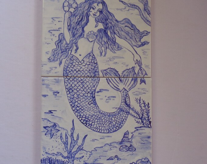 Mermaid Handpainted Tiles 6x12 Blue and White - Etsy