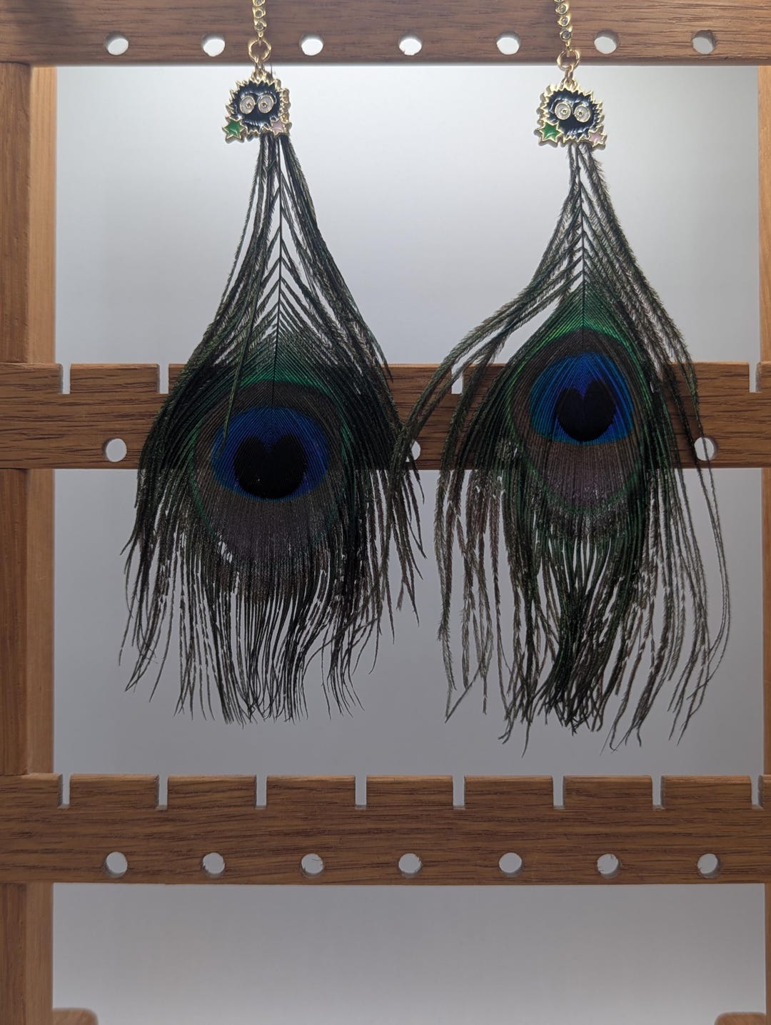 Earrings - "dust Sprite" and Peacock Feather Miyazaki Inspired - Etsy