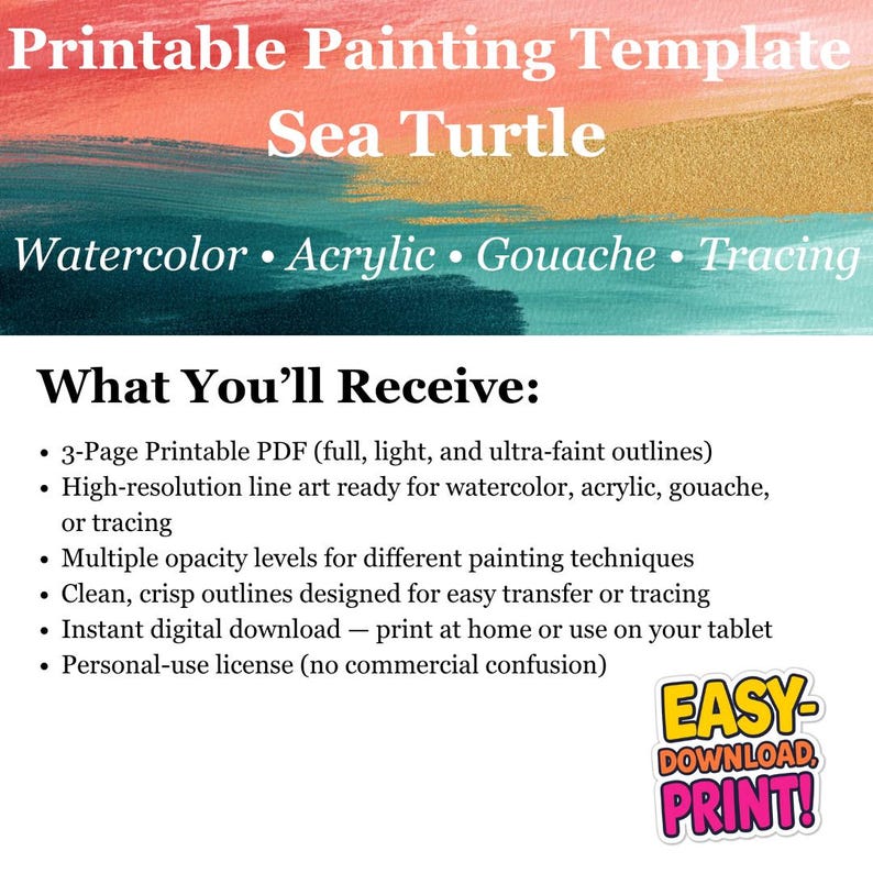 Sea Turtle Printable Painting Template – Beginner Friendly Reusable Art ...
