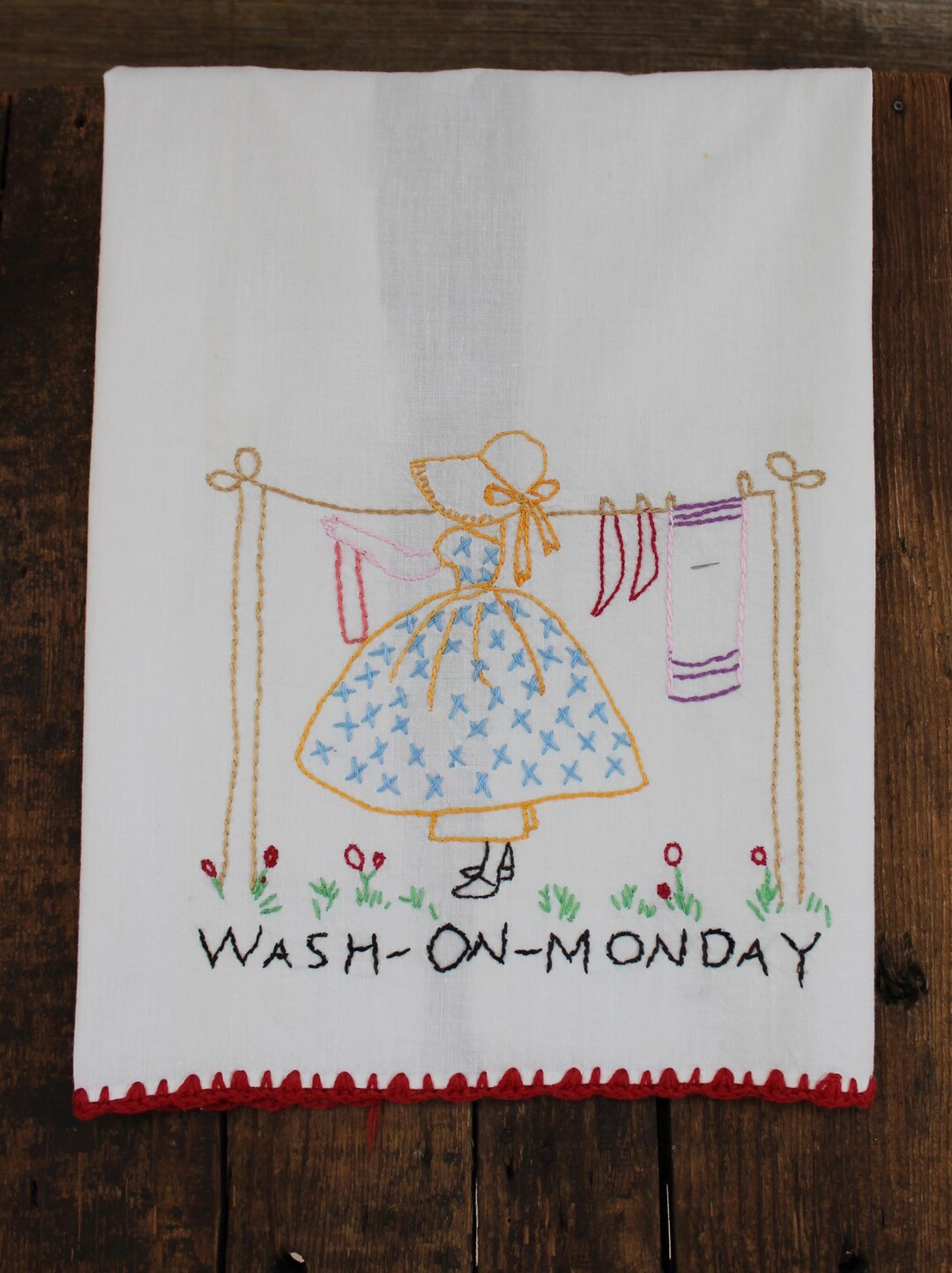 Vintage Bonnet Girl Day of the Week Chore Tea Dish Kitchen Embroidered ...