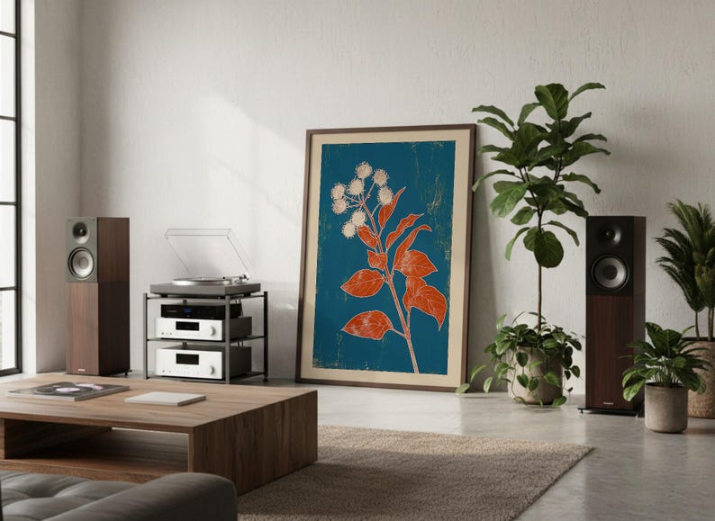 Botanical Wall Art Rustic, Lino Cut Print, Wabi Sabi Decor, Blue ...