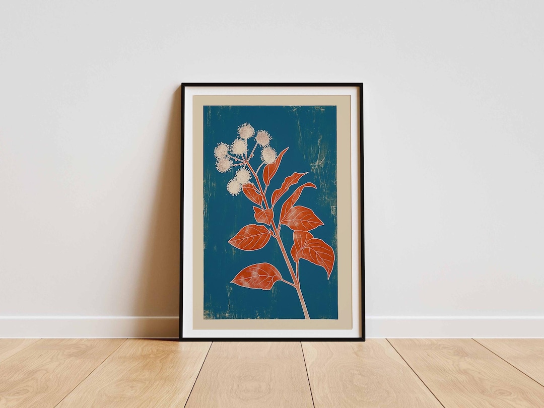Botanical Wall Art Rustic, Lino Cut Print, Wabi Sabi Decor, Blue ...