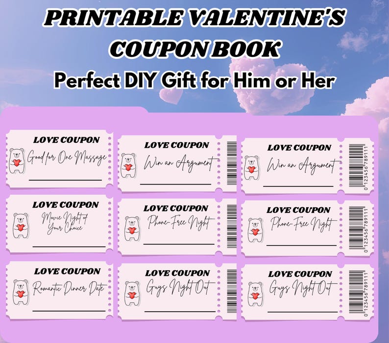 Printable Love Coupons for Him, Valentines Day Gift Boyfriend Husband ...